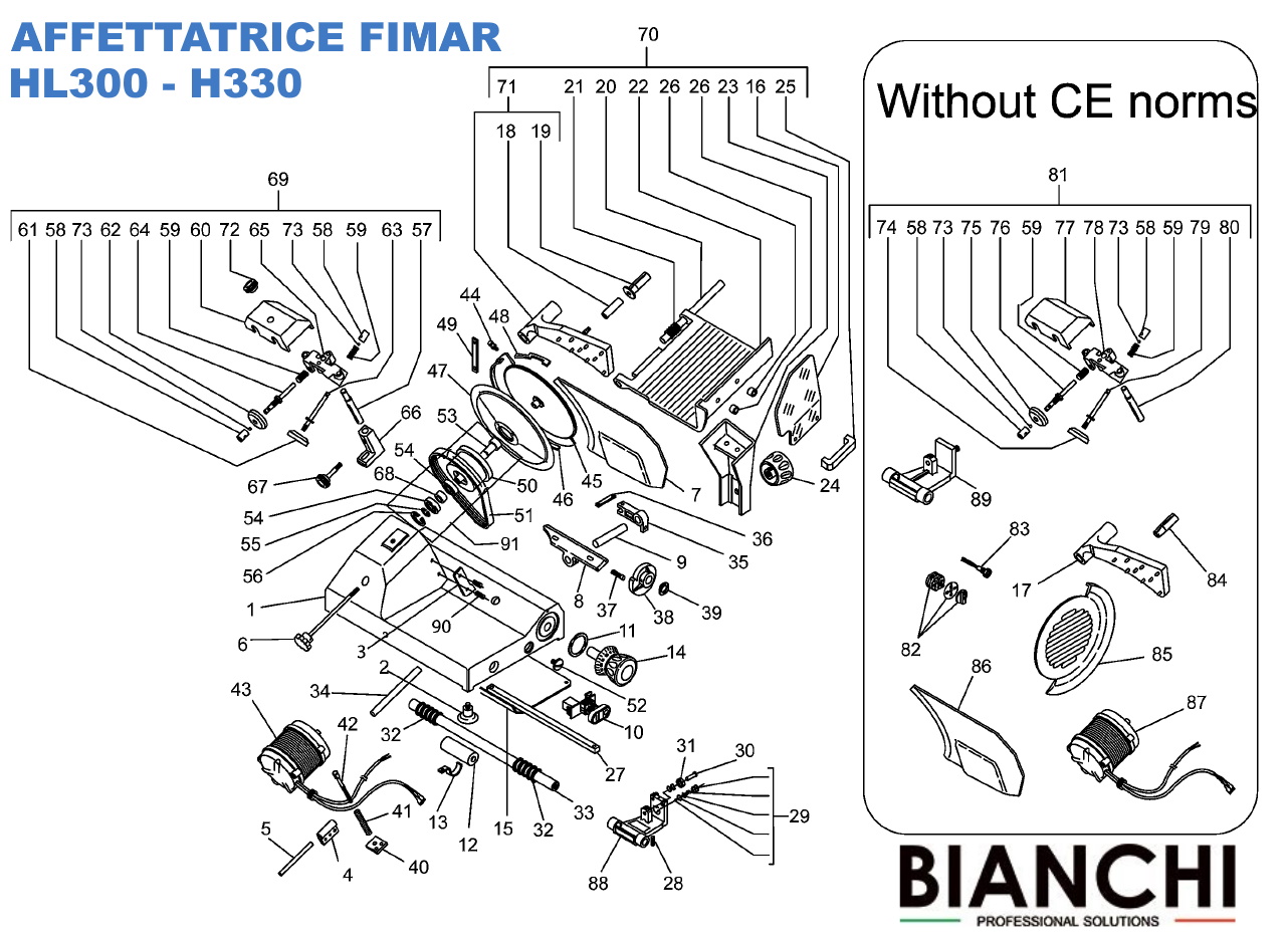 Exploded view of spare parts for Fimar slicers HL300 - H330 - Bianchi ...